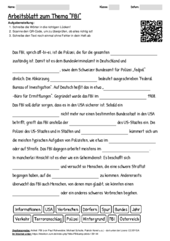 Arbeitsblatt mit QR-Code zum Thema "FBI" | Unterricht.Schule