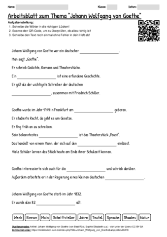 Arbeitsblatt mit QR-Code zum Thema "Johann Wolfgang von Goethe ...