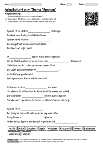 Arbeitsblatt mit QR-Code zum Thema "Spanien (einfache Sprache ...