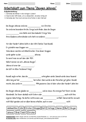 Arbeitsblatt mit QR-Code zum Thema "Zeugen Jehovas (einfache Sprache ...
