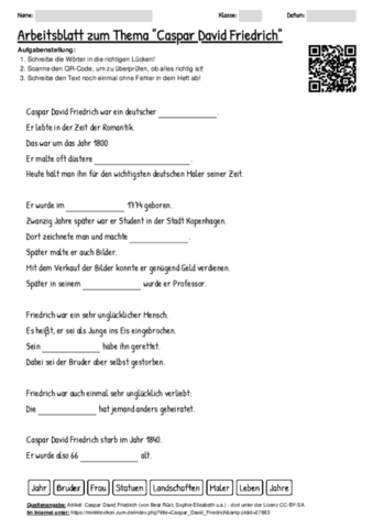 Arbeitsblatt mit QR-Code zum Thema "Caspar David Friedrich (einfache ...