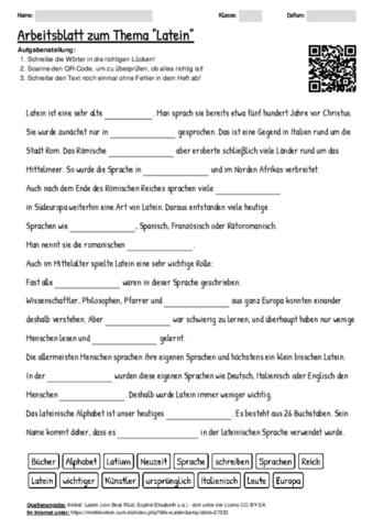 Arbeitsblatt mit QR-Code zum Thema "Latein (einfache Sprache ...