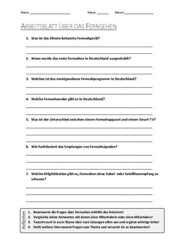 Arbeitsblatt zum Thema "Fernsehen" | Unterricht.Schule