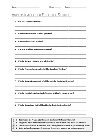 Arbeitsblatt zum Thema "Friedrich Schiller" | Unterricht.Schule