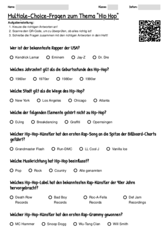 Arbeitsblatt mit QR-Code zum Thema "Hip Hop" | Unterricht.Schule