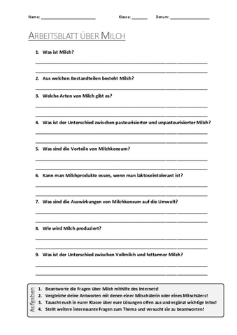 Arbeitsblatt zum Thema "Milch" | Unterricht.Schule