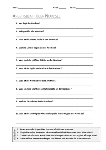 Arbeitsblatt zum Thema "Nordsee" | Unterricht.Schule