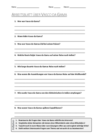 Arbeitsblatt zum Thema "Vasco da Gama" | Unterricht.Schule