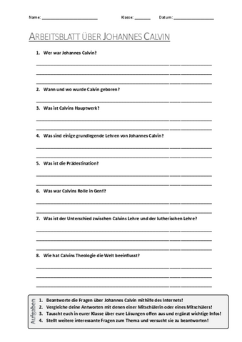 Arbeitsblatt zum Thema "Johannes Calvin" | Unterricht.Schule