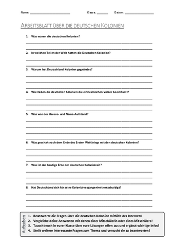 Arbeitsblatt zum Thema "Deutsche Kolonien" | Unterricht.Schule