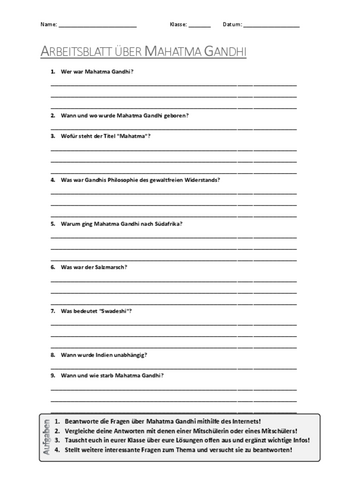 Arbeitsblatt zum Thema "Mahatma Gandhi" | Unterricht.Schule