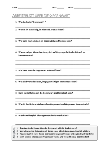 Arbeitsblatt zum Thema "Gegenwart" | Unterricht.Schule