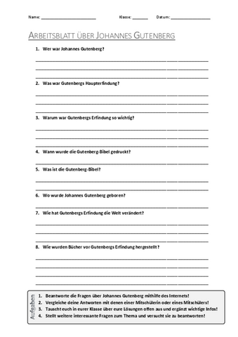 Arbeitsblatt zum Thema "Johannes Gutenberg" | Unterricht.Schule
