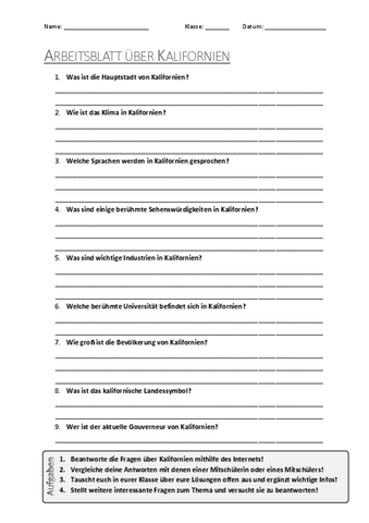 Arbeitsblatt zum Thema "Kalifornien" | Unterricht.Schule