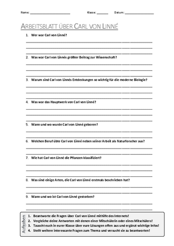 Arbeitsblatt zum Thema "Carl von Linné" | Unterricht.Schule