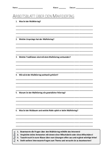Arbeitsblatt zum Thema "Maifeiertag" | Unterricht.Schule