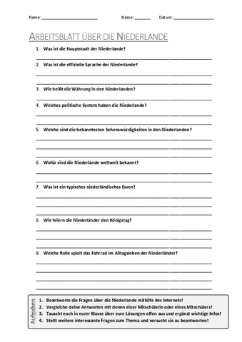 Arbeitsblatt zum Thema "Niederlande" | Unterricht.Schule