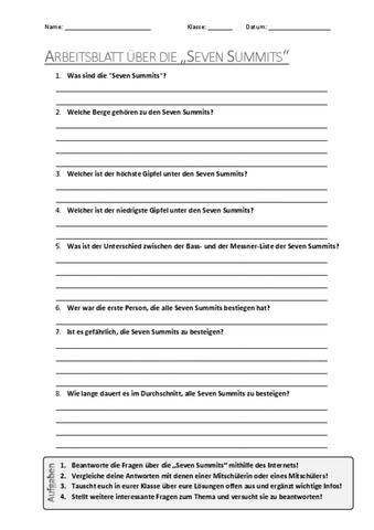 Arbeitsblatt zum Thema "Seven Summits" | Unterricht.Schule
