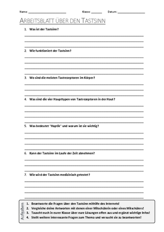 Arbeitsblatt zum Thema "Tastsinn" | Unterricht.Schule