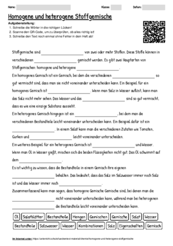 Arbeitsblatt mit QR-Code zum Thema "Homogene und heterogene ...
