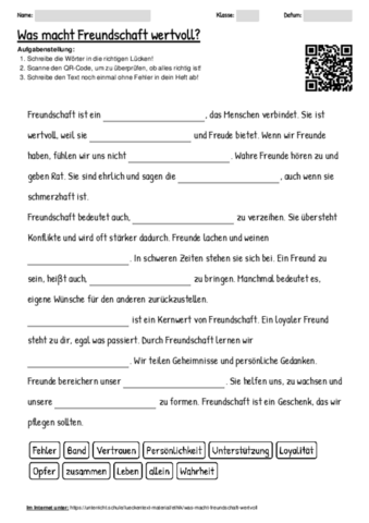 Arbeitsblatt zum Thema "Was macht Freundschaft wertvoll?" | Unterricht ...
